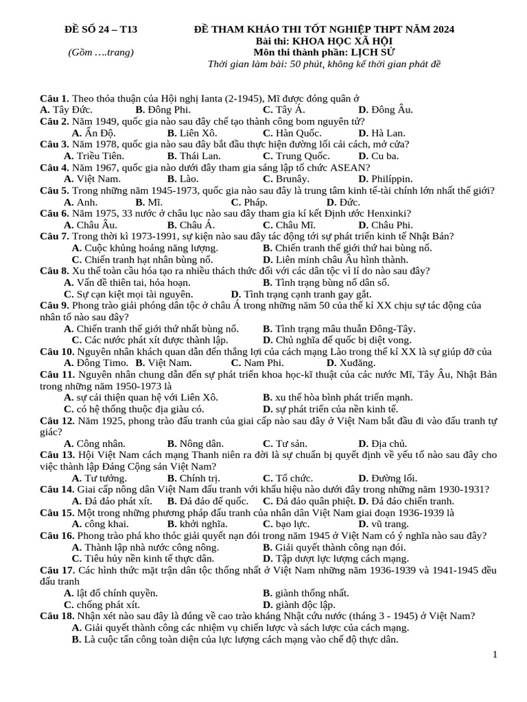 ĐỀ VIP 24 - PHÁT TRIỂN ĐỀ MINH HỌA THAM KHẢO BGD MÔN SỬ NĂM 2024 (T13) - t79xc19IHf | PDF