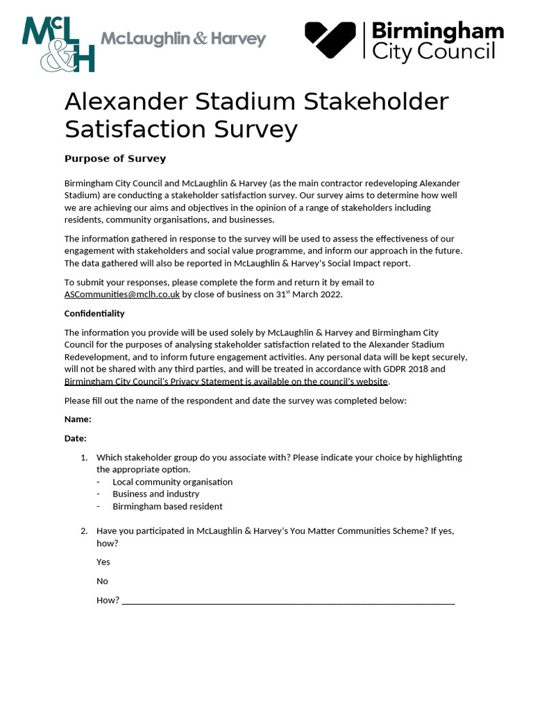 Alexander Stadium Stakeholder Satisfaction Survey AF | PDF | Business