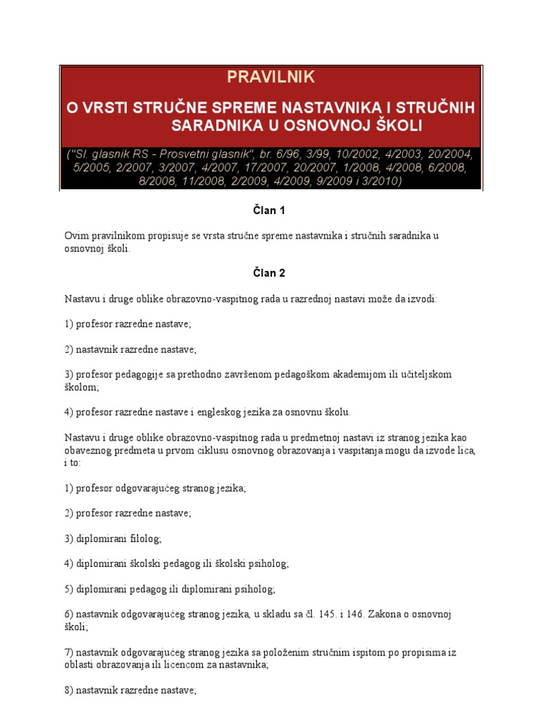 Pravilnik o Vrsti Strucne Spreme Nastavnika i Strucnih Saradnika u Osnovnoj Skoli