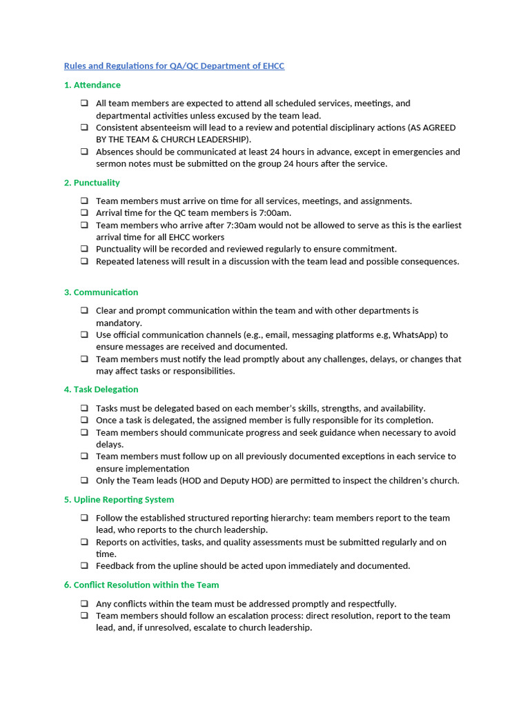 Rules and Regulations Checklist For QC&QA of EHCC - 074307 | PDF ...