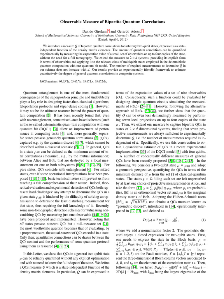 Observable Measure of Bipartite Quantum Correlations | PDF | Quantum Entanglement | Matrix ...