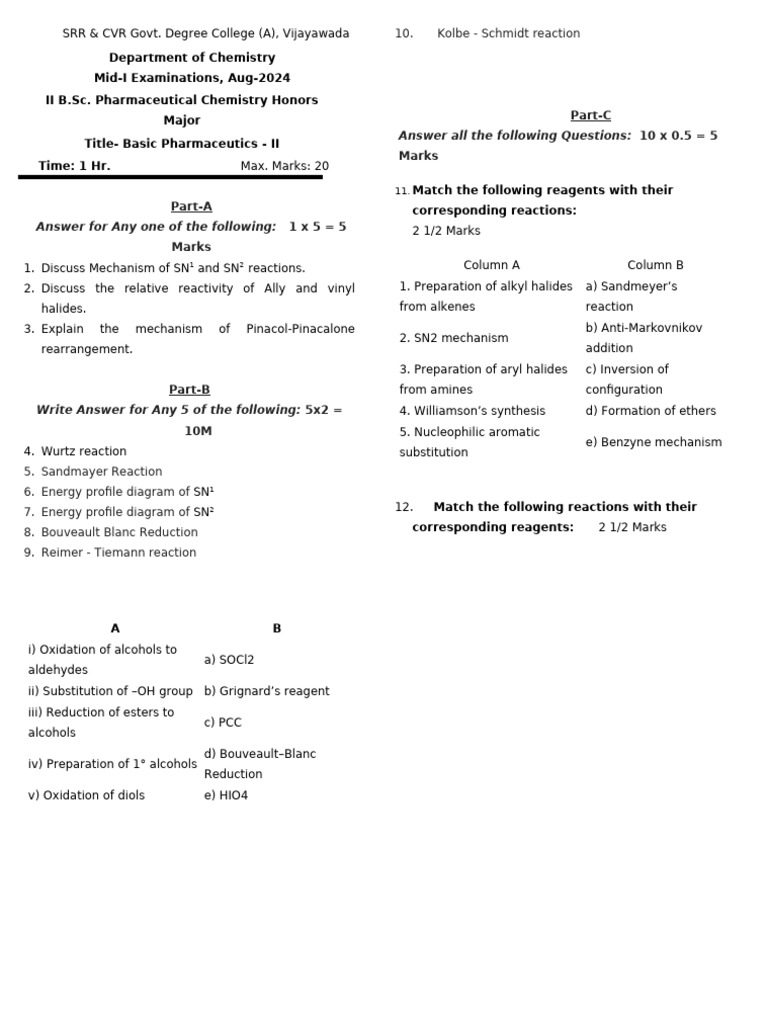 B.SC Chem - III Sem - C6-Organic Chemistry Mid 1 | PDF | Chemical ...