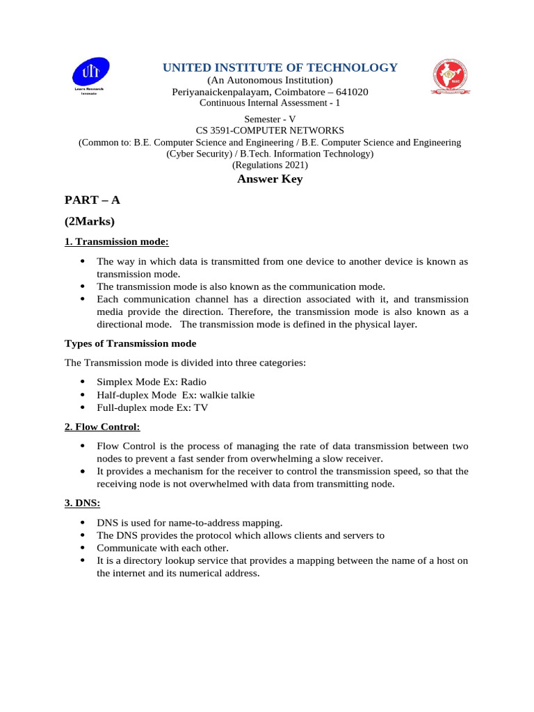 Cn Iae1 Set a Answer Key | PDF | Transmission Control Protocol | Port (Computer Networking)