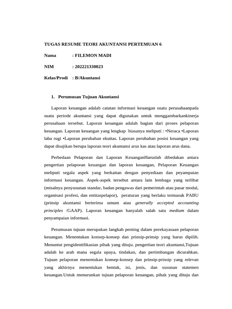 Tugas Resume Materi Pertemuan Ke 6 Teori Akuntansi Filemon Madi | PDF