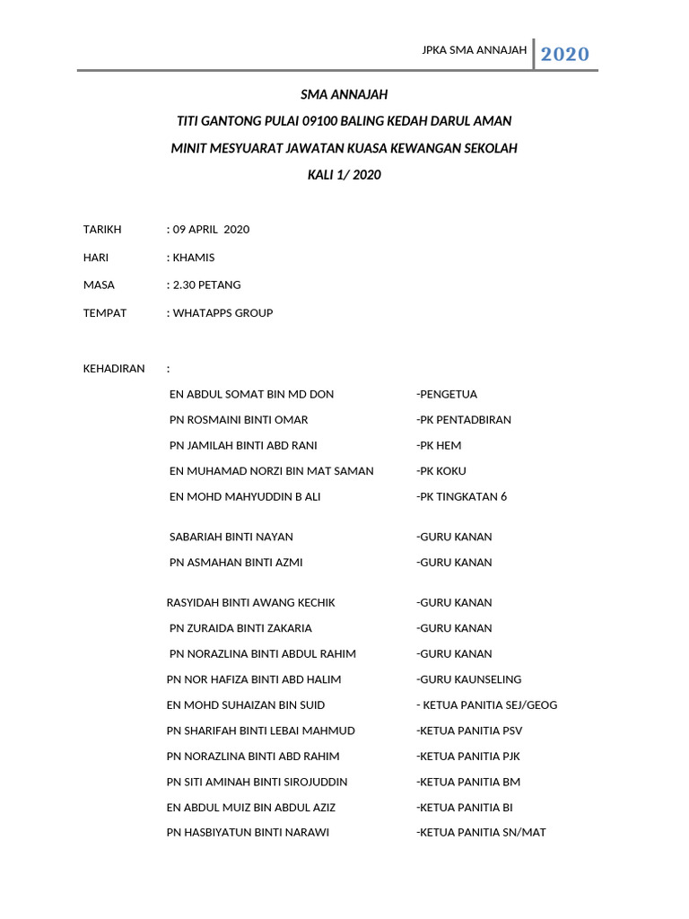 Minit Mesyuarat Jpka 2020 | PDF