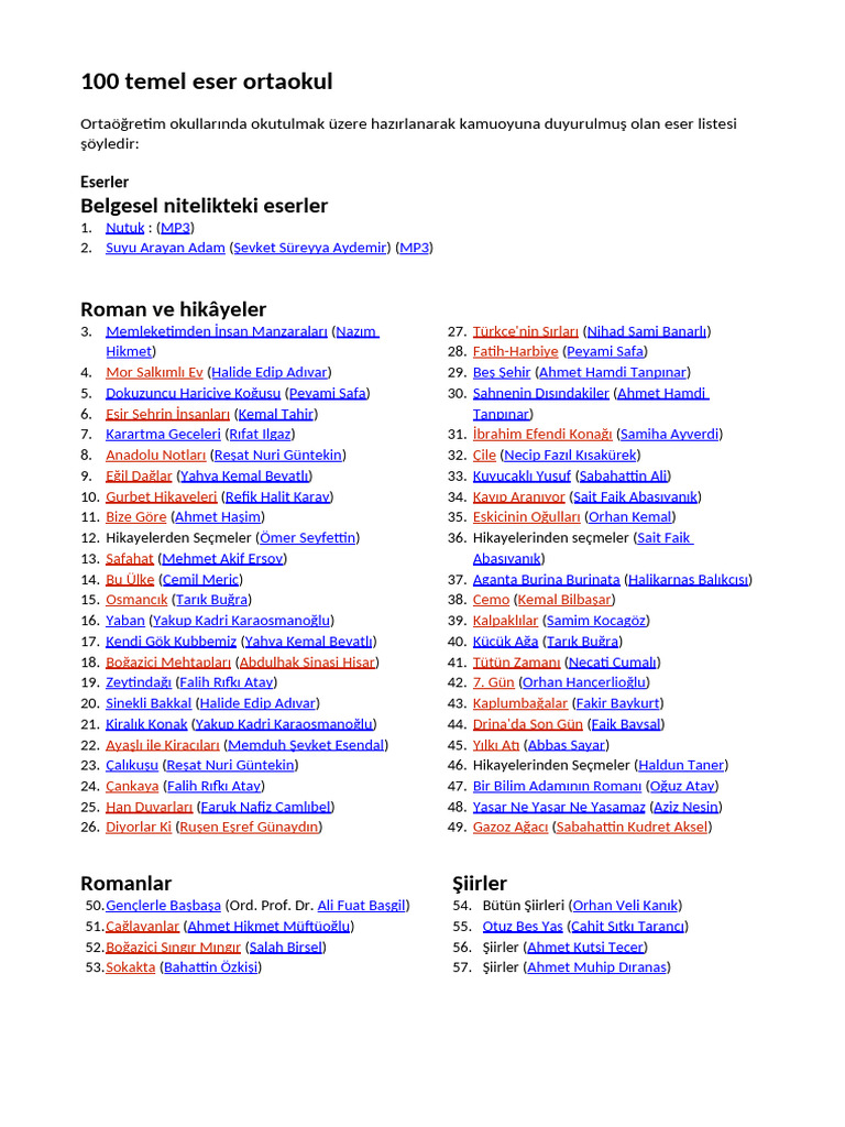 100 Temel Eser Ortaokul | PDF