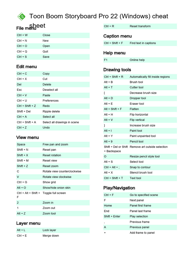 Toon Boom Storyboard Pro 22 Windows Shortcuts | PDF | Computing | Software