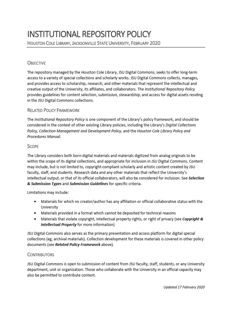 Institutional Repository Policy 2020 | PDF | Thesis | Open Access