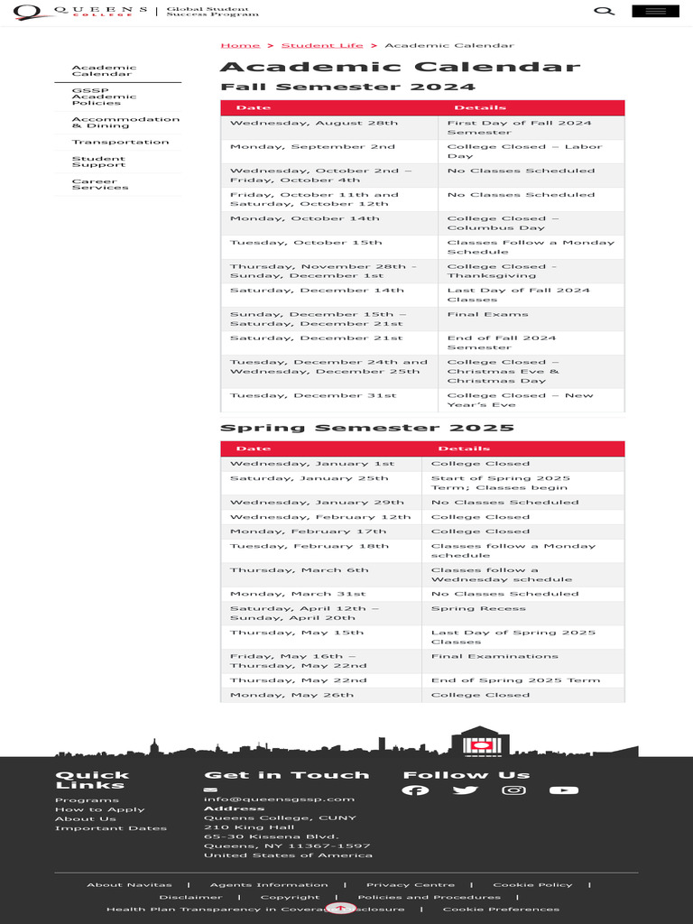Academic Calendar Queens College GSSP | PDF | Academic Term
