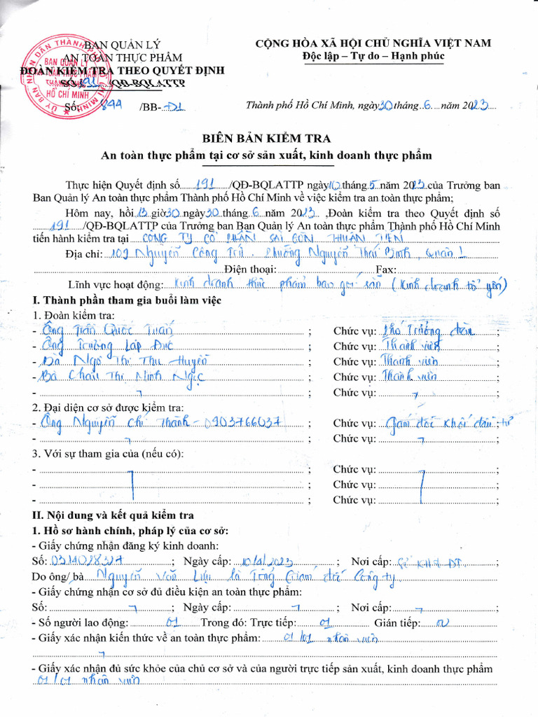 BIÊN BẢN KIỂM TRA ATTP - 2023 | PDF