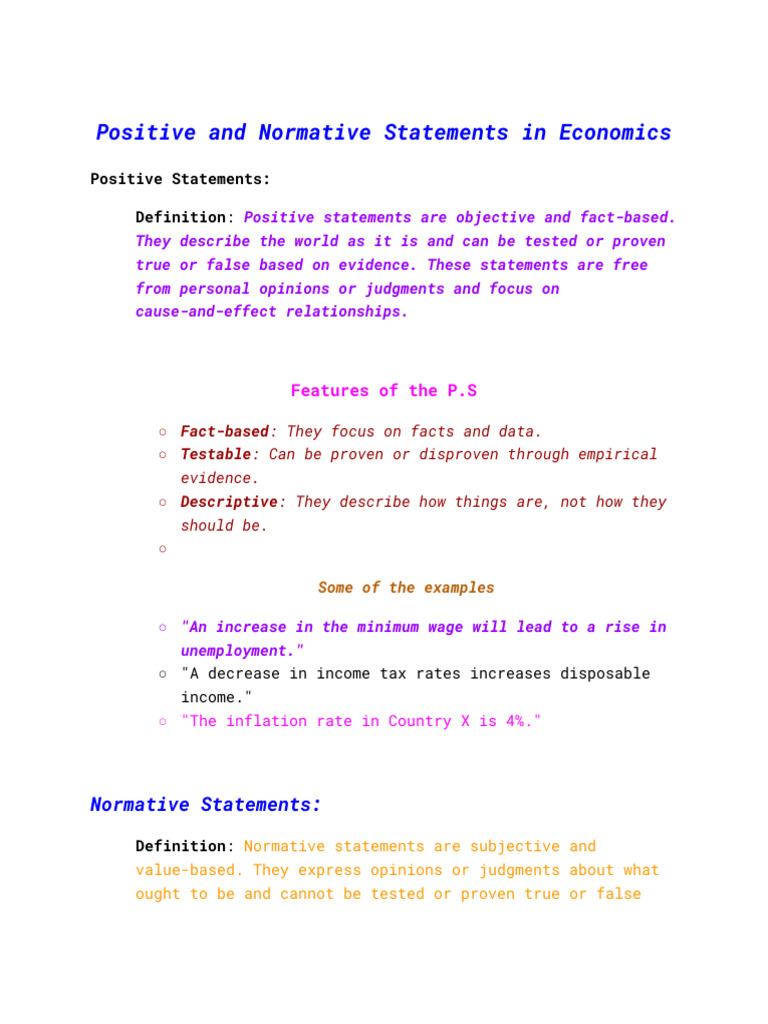 Positive and Normative Statements in Economics | PDF