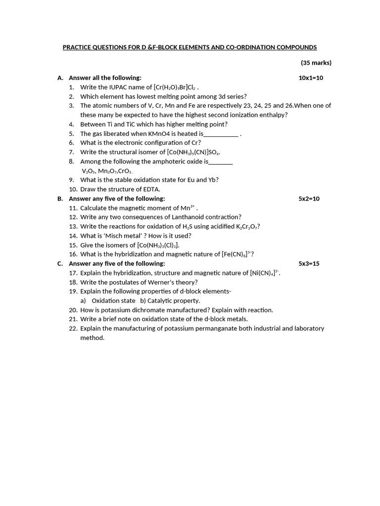 Inorganic Practice Questions For Midterm 2024 | PDF