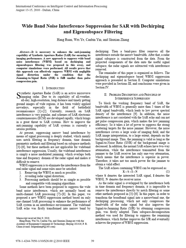 2010-Wide Band Noise Interference Suppression For SAR With Dechirping and Eigensubspace ...
