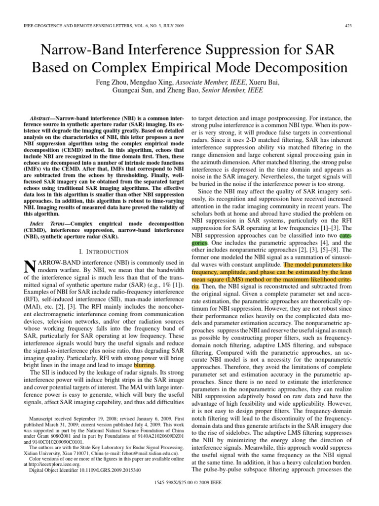 2009-Narrow-Band Interference Suppression For SAR Based On Complex Empirical Mode Decomposition ...