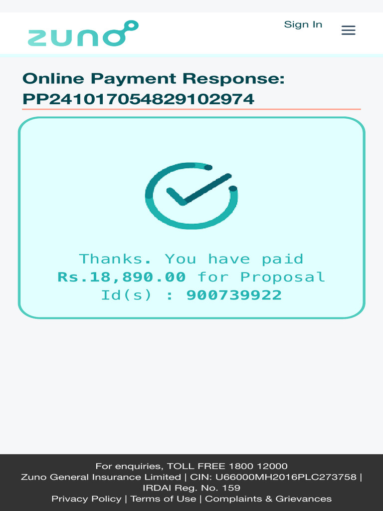 Zuno Insurance Payment Confirmation | PDF