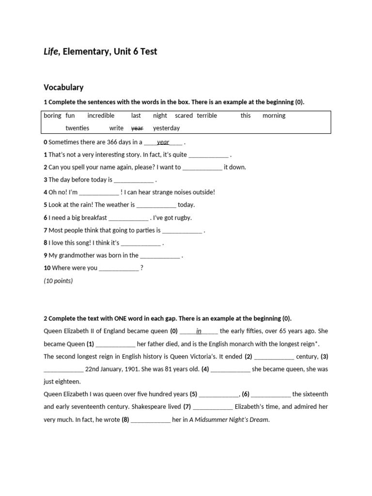 Life 2e Elementary Unit 6 Test Word | PDF | Travel
