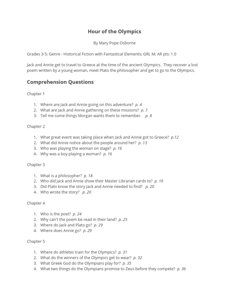 Hour of The Olympics - Comprehension Questions | PDF | Twelve Olympians