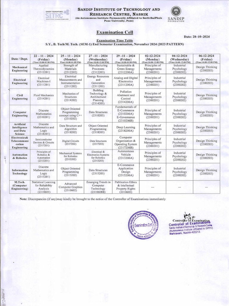 Examination Time Table Autonomous SEM I | PDF | Engineering | Robotics