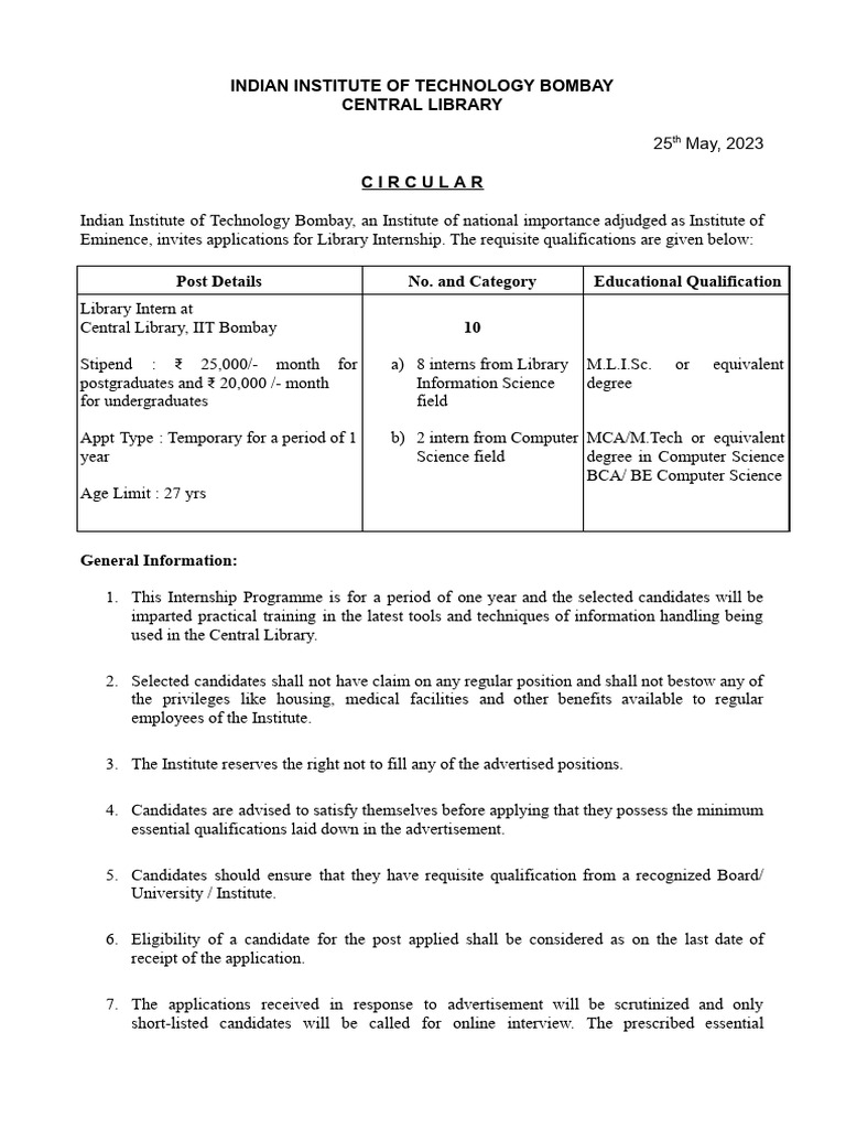 IIT Bombay Central Library Intern Circular 2023 | PDF