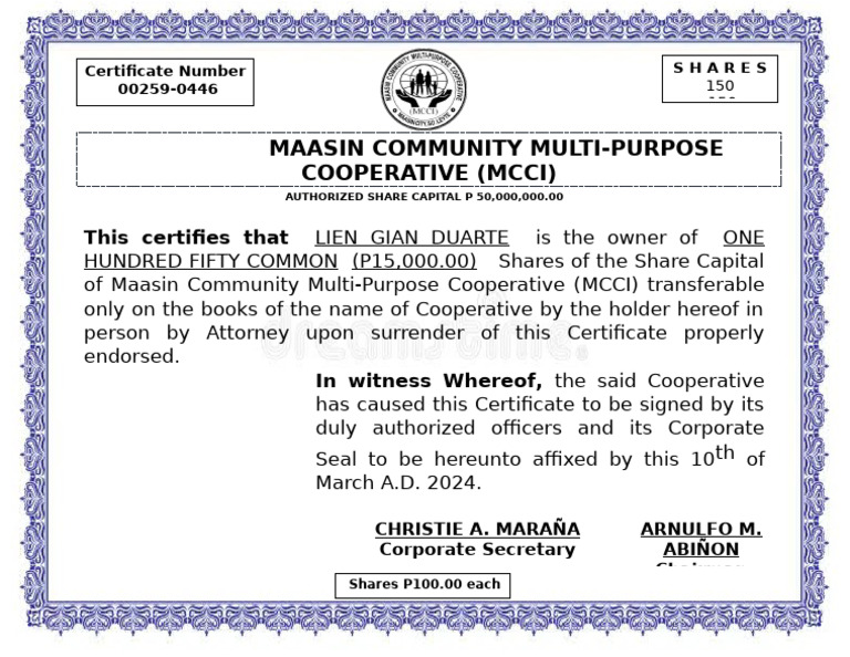 Cooperative Share Certificate Sample | PDF