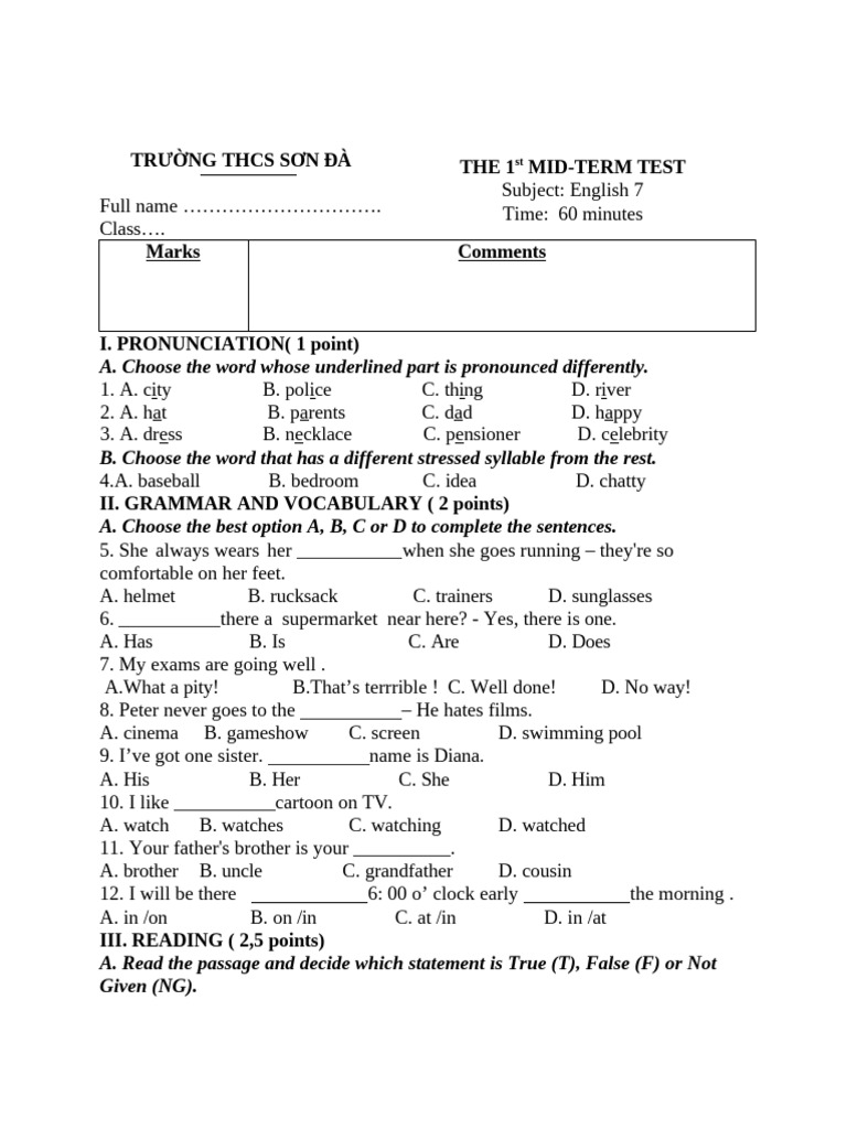 Tieng Anh 7 Mid Test - Thcs Sơn Đà | PDF | Language Arts & Discipline