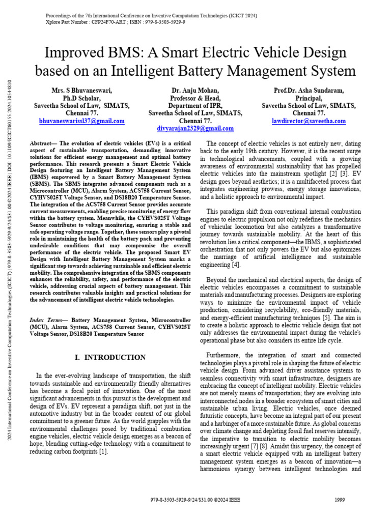 Improved BMS A Smart Electric Vehicle Design Based On An Intelligent Battery Management System ...