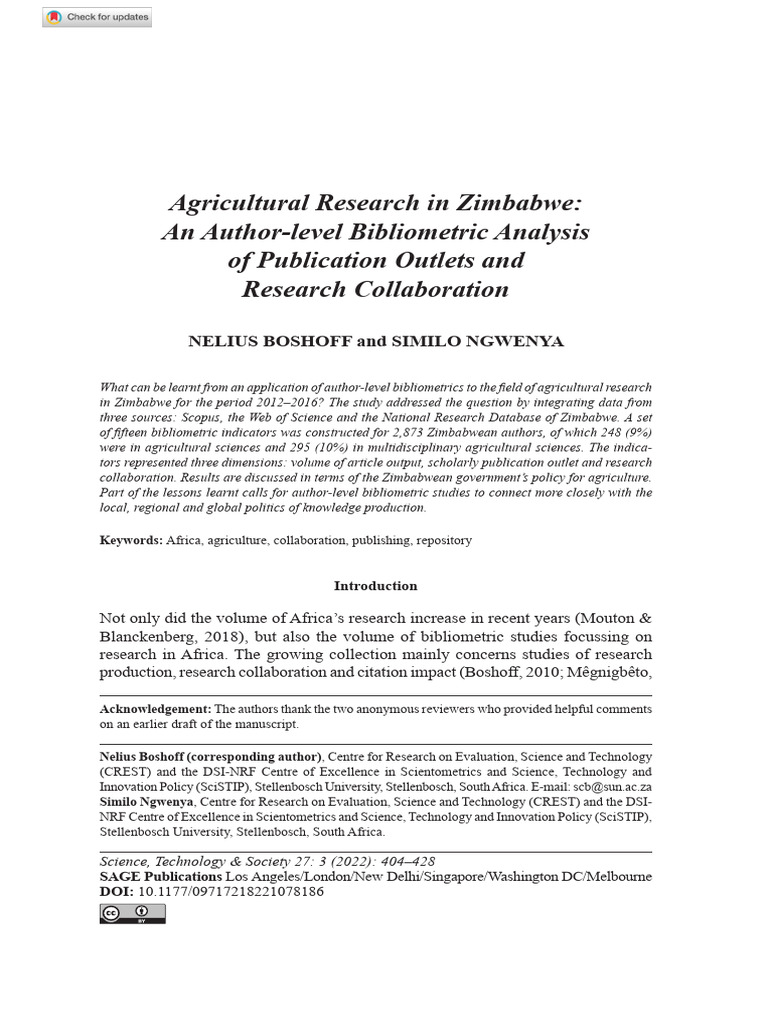 Boshoff Ngwenya 2022 Agricultural Research in Zimbabwe An Author Level ...