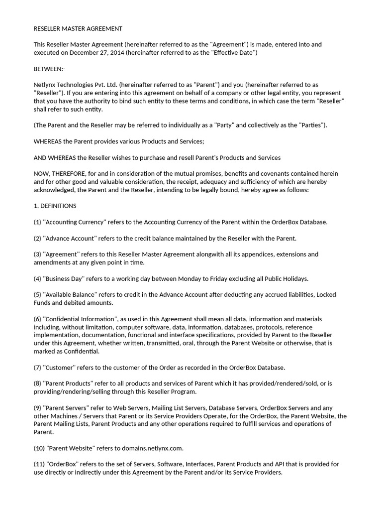 Reseller Master Agreement | PDF | Domain Name Registrar | Intellectual ...