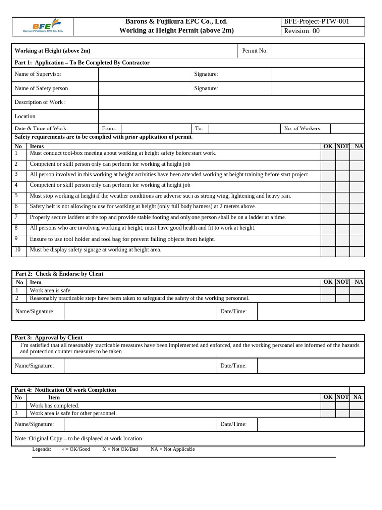 BFE Working at Height PTW in Site (Rev-00) | PDF | Safety