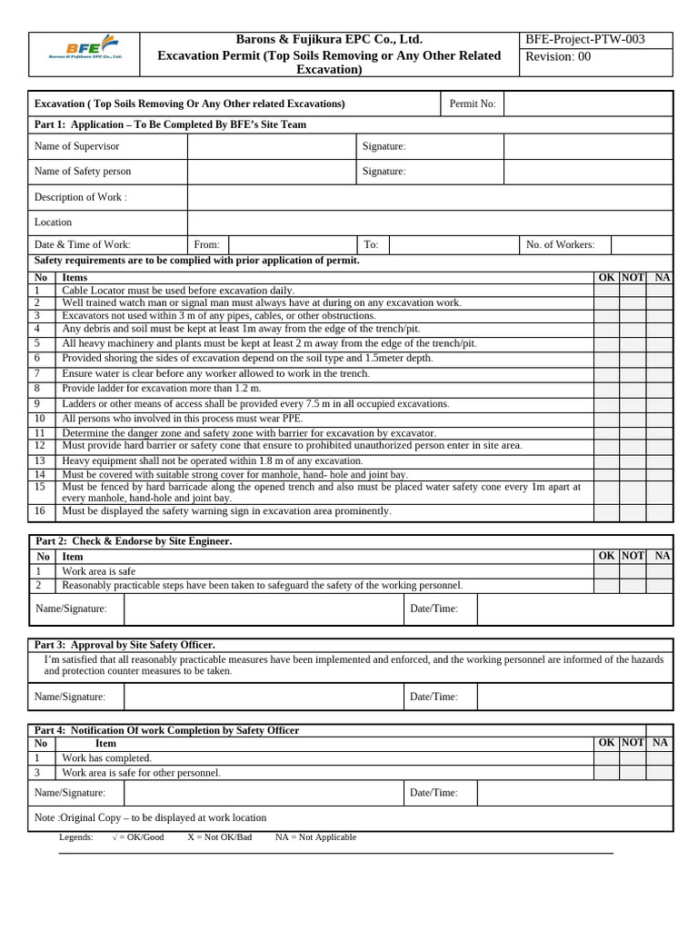 Excavation PTW Applications Form | PDF | Trench | Safety