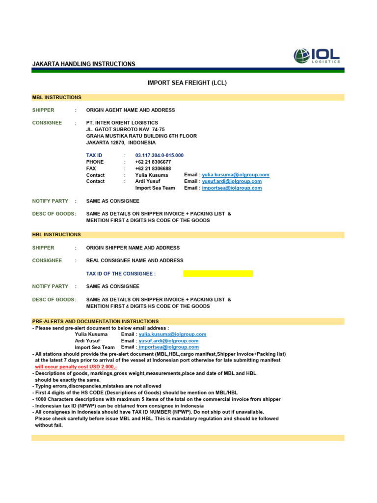 ROUTING INSTRUCTIONS - IMPORT SEA LCL (JAKARTA) | PDF | Cargo | Supply Chain Management