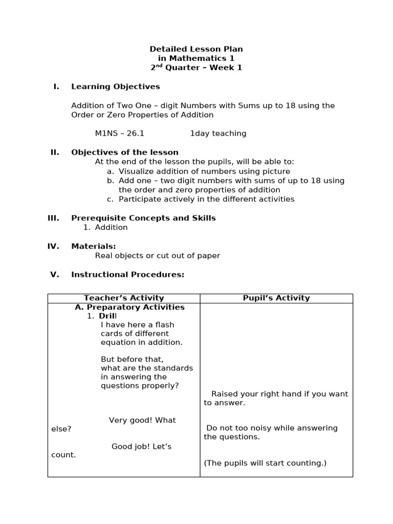 Detailed Lesson Plan in Math 1 | PDF | Lesson Plan | Teachers