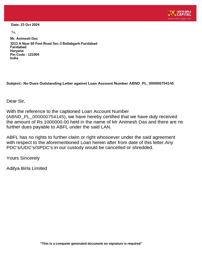 Aditya Birla Foreclosure Letter | PDF