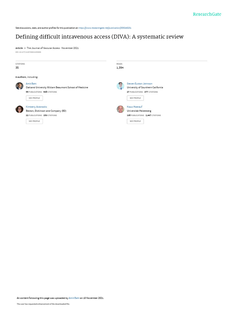 Defining Difficult Intravenous Access Systematic Review Jurnal | PDF ...
