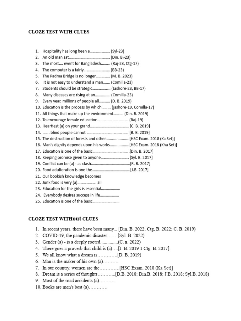 HSC Cloze Test with Clues 2023 | PDF | Bangladesh