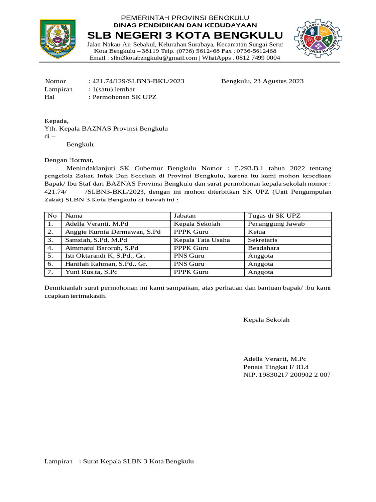 Permohonan SK UPZ SLB Negeri 3 Bengkulu | PDF