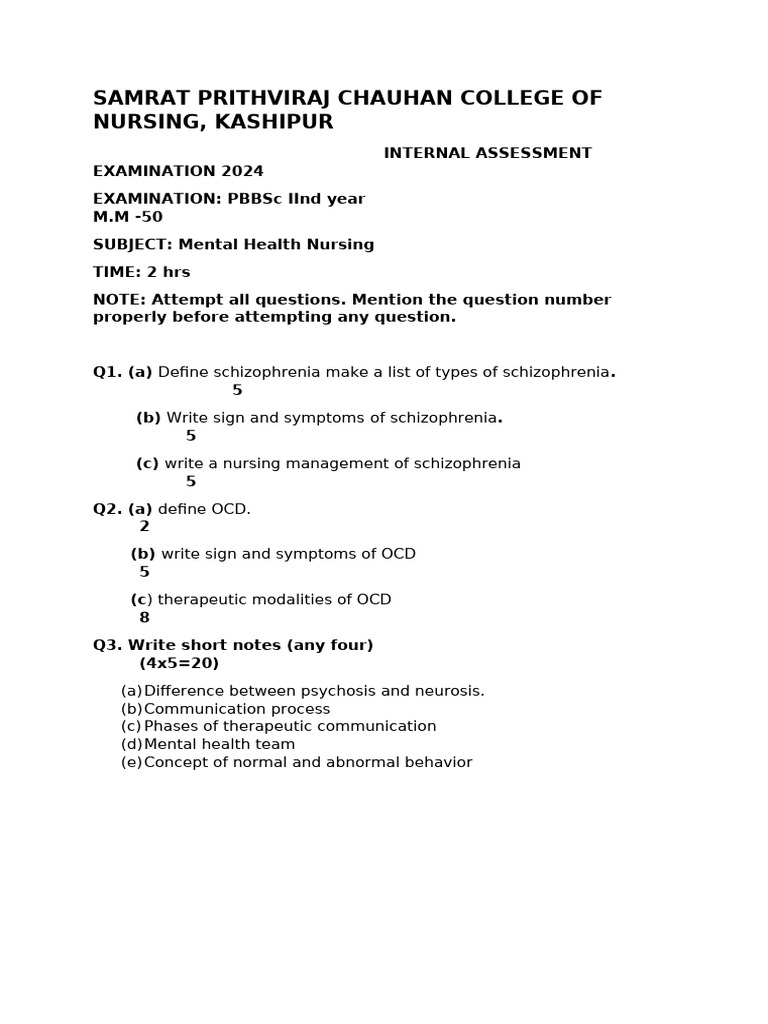 PBBSc 2nd Year Mental Health Exam 2024 | PDF | Self-Improvement
