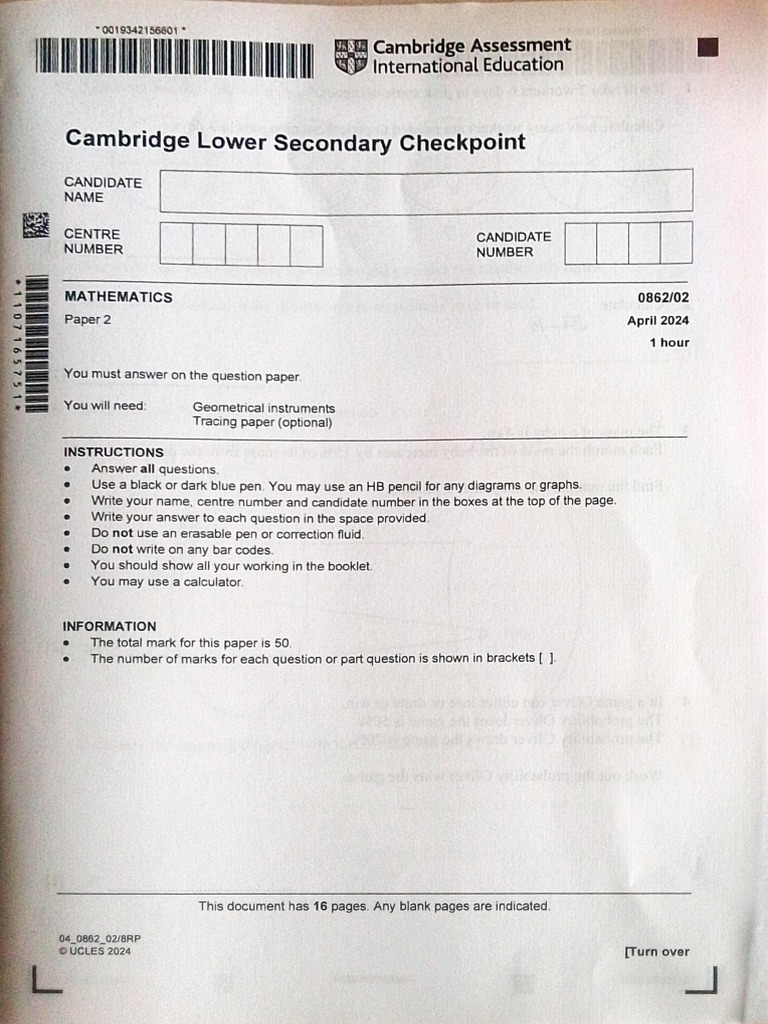 Cambridge Checkpoint Mathematics Paper 2 | PDF
