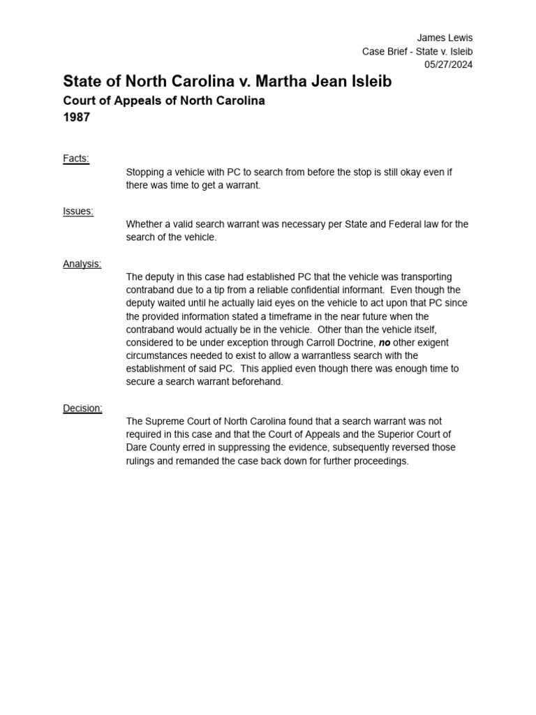 Carroll Doctrine in State v. Isleib Case | PDF