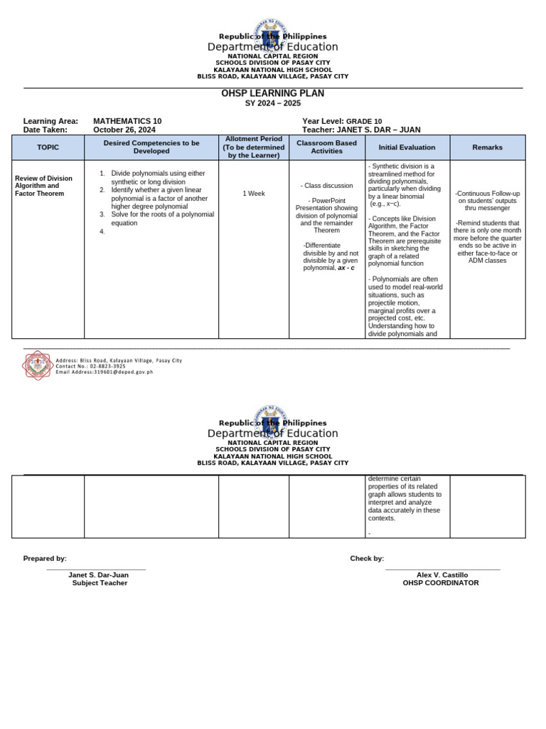 OHSP - Learning - Plan - Grade 10 Week 3 Q2 | PDF | Polynomial | Learning