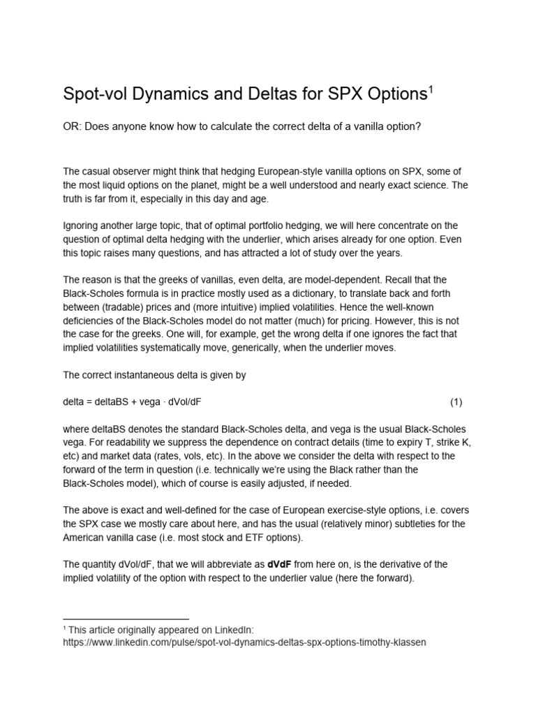 SPX Options: Spot-Vol Dynamics & Deltas | PDF | Greeks (Finance ...