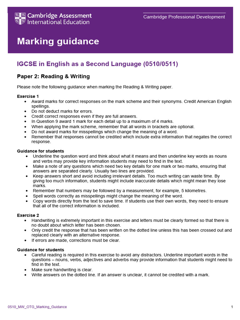 Marking Guidance for IGCSE ESL | PDF | Grammatical Number | Word