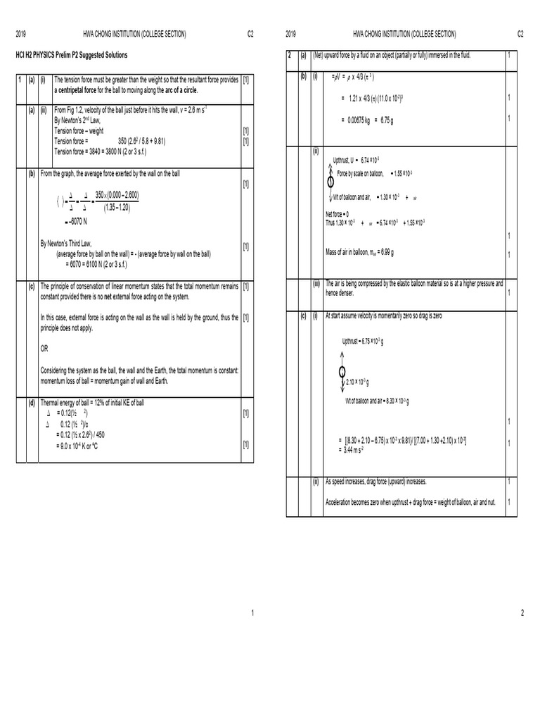 2019 HCI Prelim H2 Physics 9749 P2 Suggested Sol | PDF | Force | Momentum