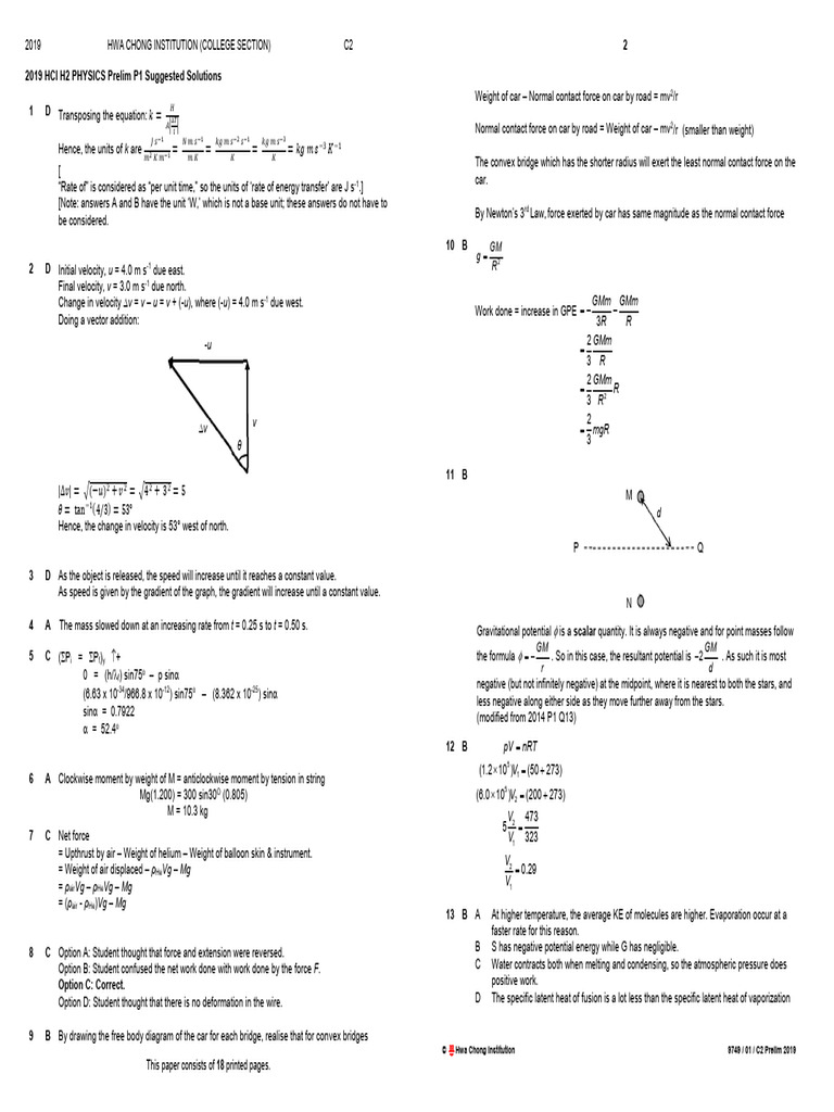 2019 HCI Prelim H2 Physics 9749 P1 Suggested Sol | PDF | Force | Weight