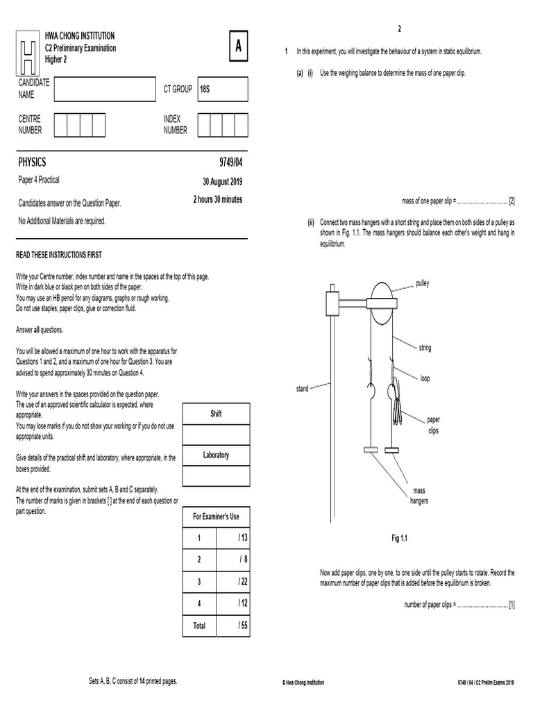 2019 HCI Prelim H2 Physics 9749 P4 | PDF | Metrology | Physics