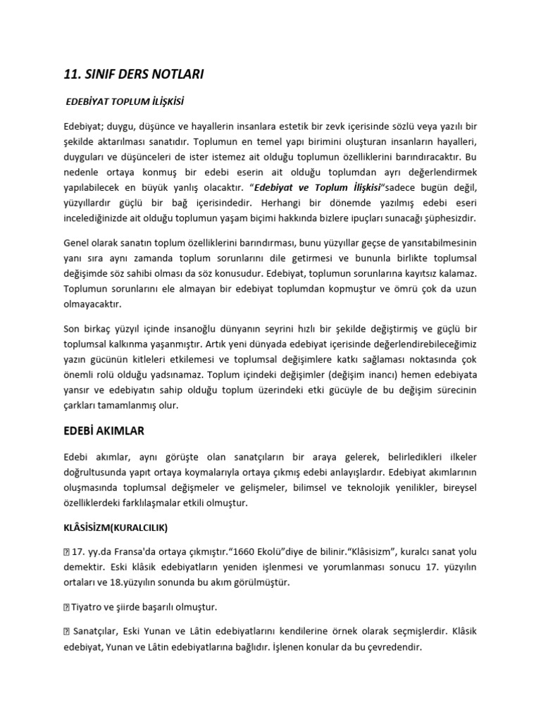 11.sinif Turk Dyly Ve Edebyyati Caliyma Notu | PDF