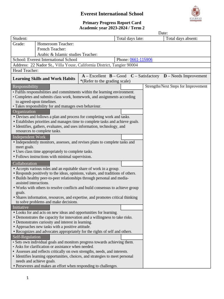 Progress Report Card - Primary - 2023-2024 | PDF | Cognitive Science ...