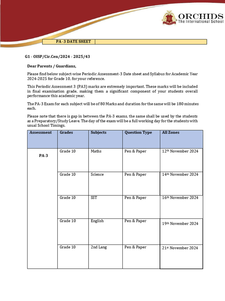 Gr 10_PA 3_Exam Time Table & Syllabus | PDF | Equations | Mathematics