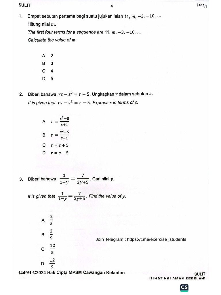 Kertas Trial Maths K1 2024 SPM Kelantan | PDF