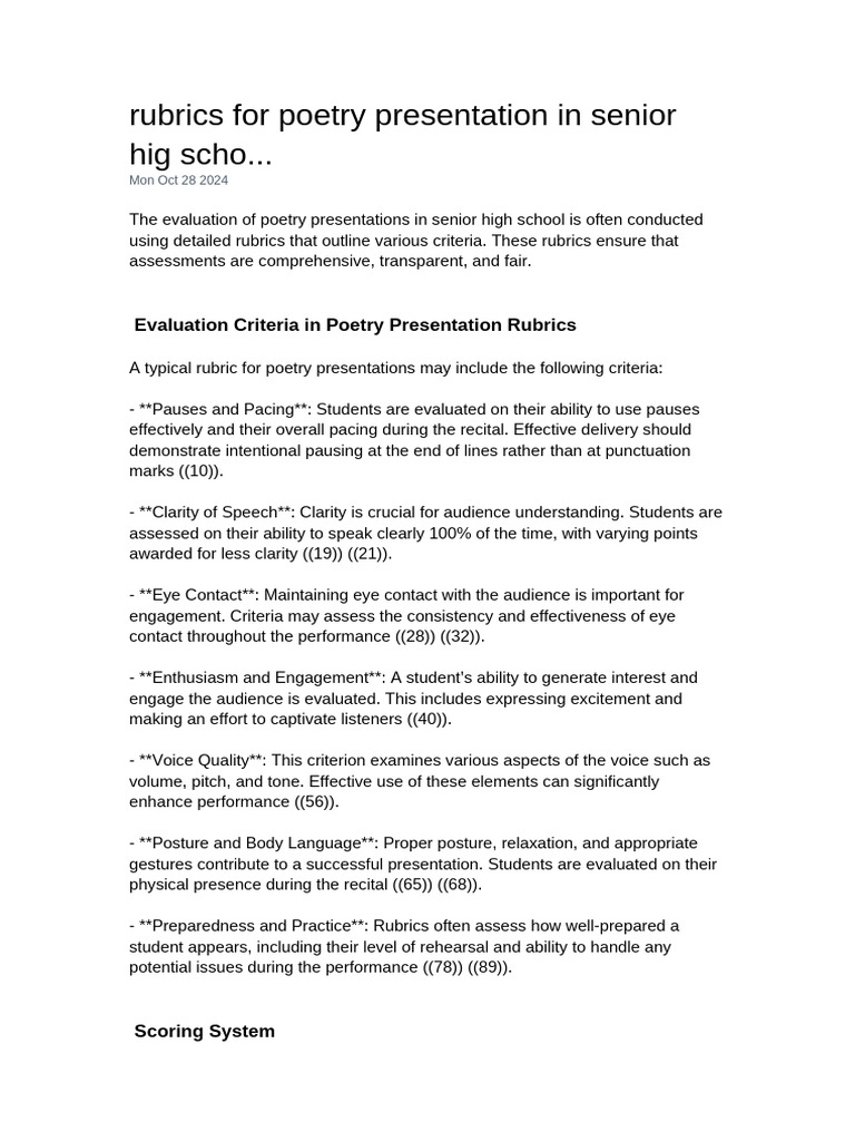 Poetry Presentation Rubrics for High School | PDF | Rubric (Academic ...